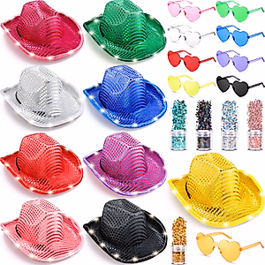 Coume 23 Pcs Cowboy Light up Hat Bulk Flashing Holographic Cowgirl Hats with Heart Sunglasses for Women Costume Accessories(Elegant Color, Delicate Style)