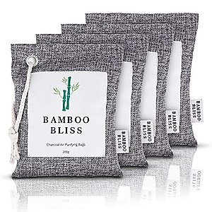 Bamboo Charcoal Air Purifying Bag (4x200g), Natural Charcoal Bags Odor Absorber and Cleaning Supply for Car, Office, Closet, Home, Kitchen, Rooms, Pets.