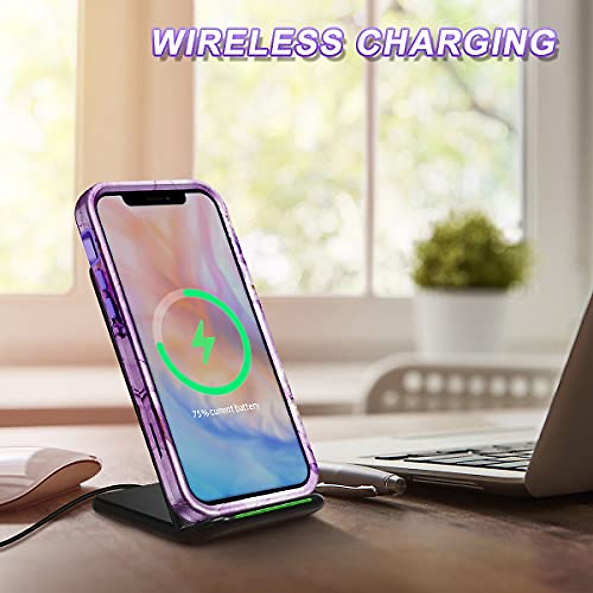 Lamcase for iPhone 12 and iPhone 12 Pro Case 6.1 Inch, Heavy Duty Hard PC Soft Rubber [Stylish Glossy Marble] Full Body Three Layer Shockproof Drop Protection Cover, Purple Marble