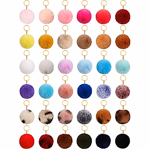 Hicarer 36 Pom Poms Keychains Faux Rabbit Fur Pompoms Keyring Pompom Keychain (3 Inch)