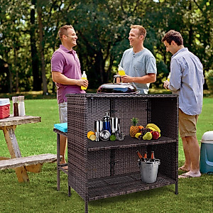 Polar Aurora 3PCS Patio Bar Set with Stools and Glass Top Table Patio Wicker Outdoor Furniture with Blue Removable Cushions for Backyards, Porches, Gardens or Poolside