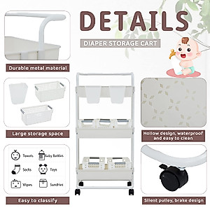 Tanlade Baby Diaper Cart Organizer 3 Tier Diaper Caddy Organizer with Wheels Baby Diaper Storage Organizer Nursery Cart Diaper Caddy with Baskets Hanging Cups Sticker for Crib Changing Table, White