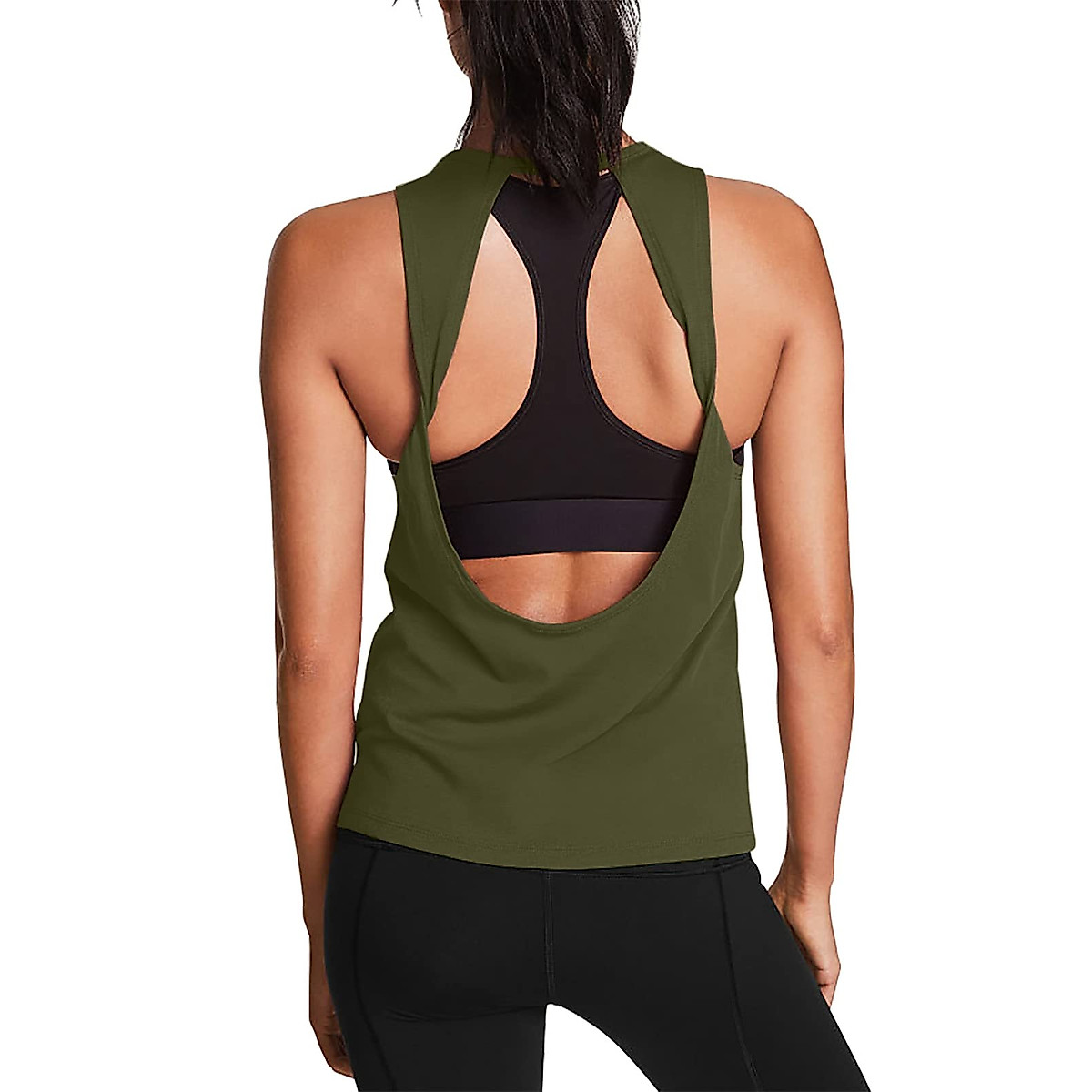 Mippo Open Back Workout Tops Yoga Athletic Shirts Tennis Muscle Tank Workout Tank Tops for Women Loose Fit Army Green M