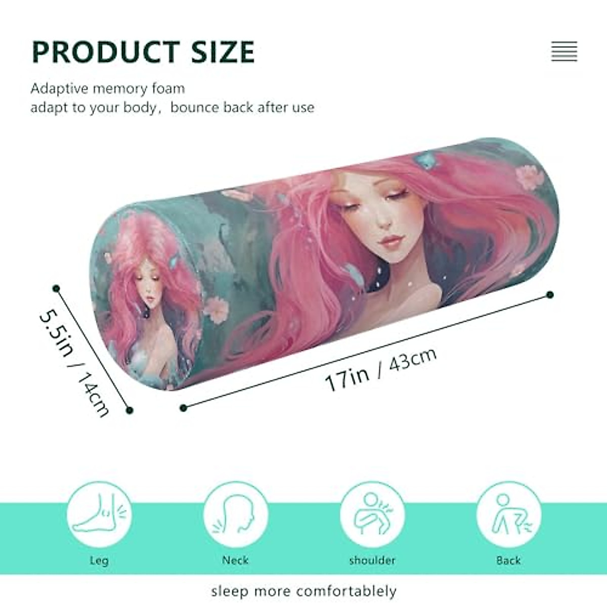 xigua Mermaids Neck Roll Pillow for Neck Relief with Removable Washable Cover - Memory Foam Round Cylinder Bolster, Ergonomically Designed for Head, Neck, Back, and Legs