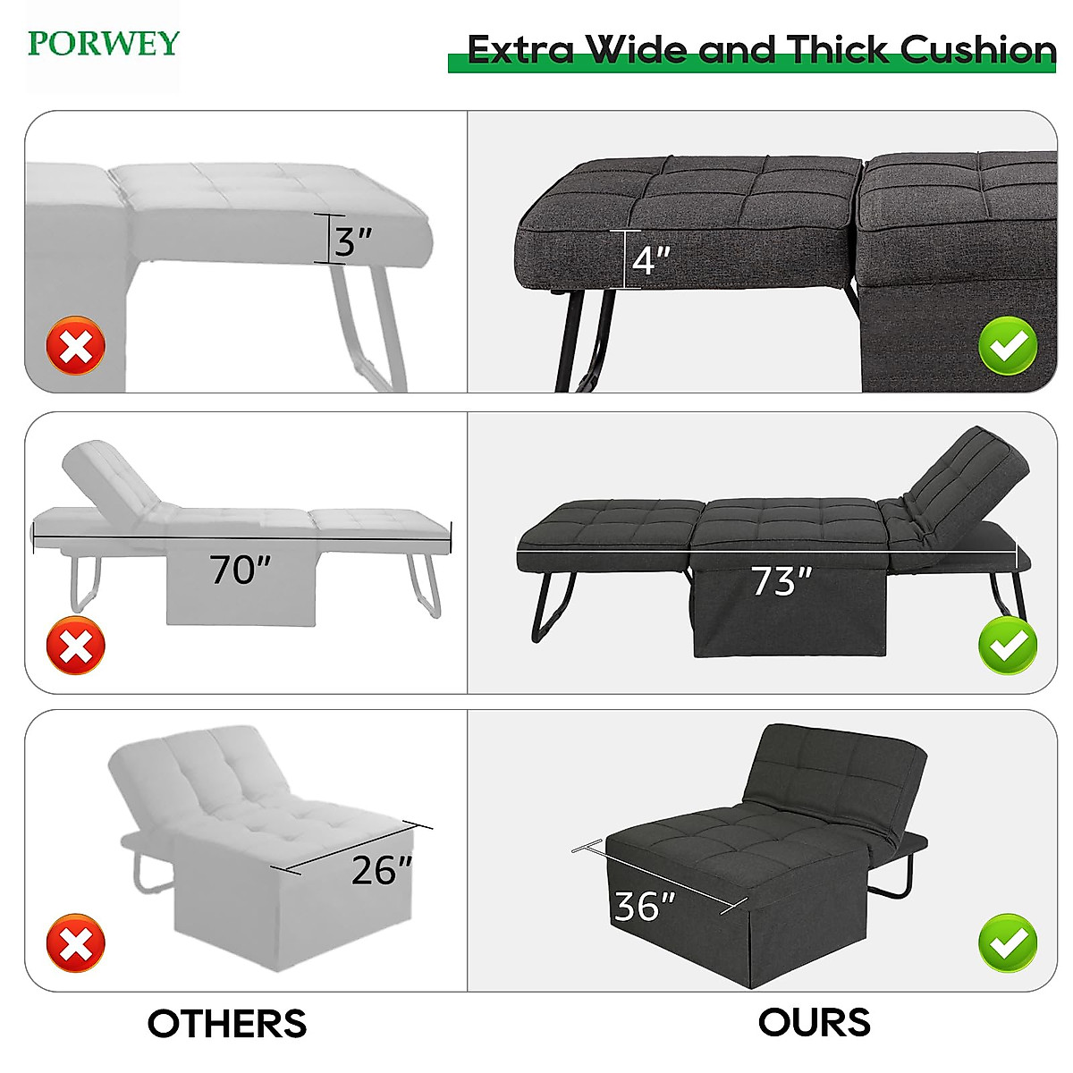 PORWEY Sleeper Chair Bed, 4-in-1 Convertible Futon Ottoman bed Sleeper, Foldable Sofa Couch with Adjustable Backrest for Guest Room/Office Living Room, No Assembly Required, 36” Width,Gray