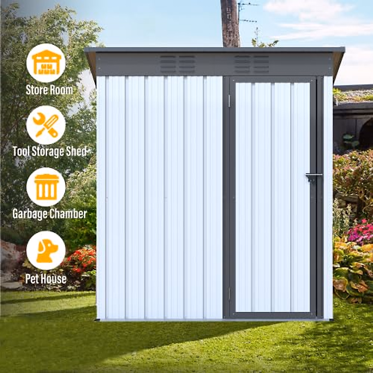 Metal Outdoor Storage Shed Galvanized Metal Garden Shed with Lockable Doors, Tool Storage Shed for Patio Lawn Backyard Trash Cans for Garden/Backyard/Home (Gray)