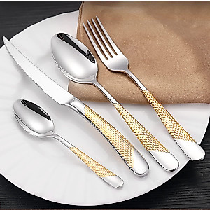 Gold Hammered Silverware Set for 6 Modern Cutlery Utensils 18/10 Stainless Steel Flatware Set 24 Piece Include Knives Forks and Spoons Tableware Set for Home Kitchen Wedding Restaurant Party (Color :