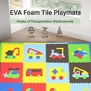 Tadpoles 16 Tiles Transportation Playmat for Kids | Interlocking Tiles with 16 Border Pieces | Soft EVA Foam | Safe & Durable | Total Floor Coverage 50” x 50” | Ages 3 & Up | Multicolor