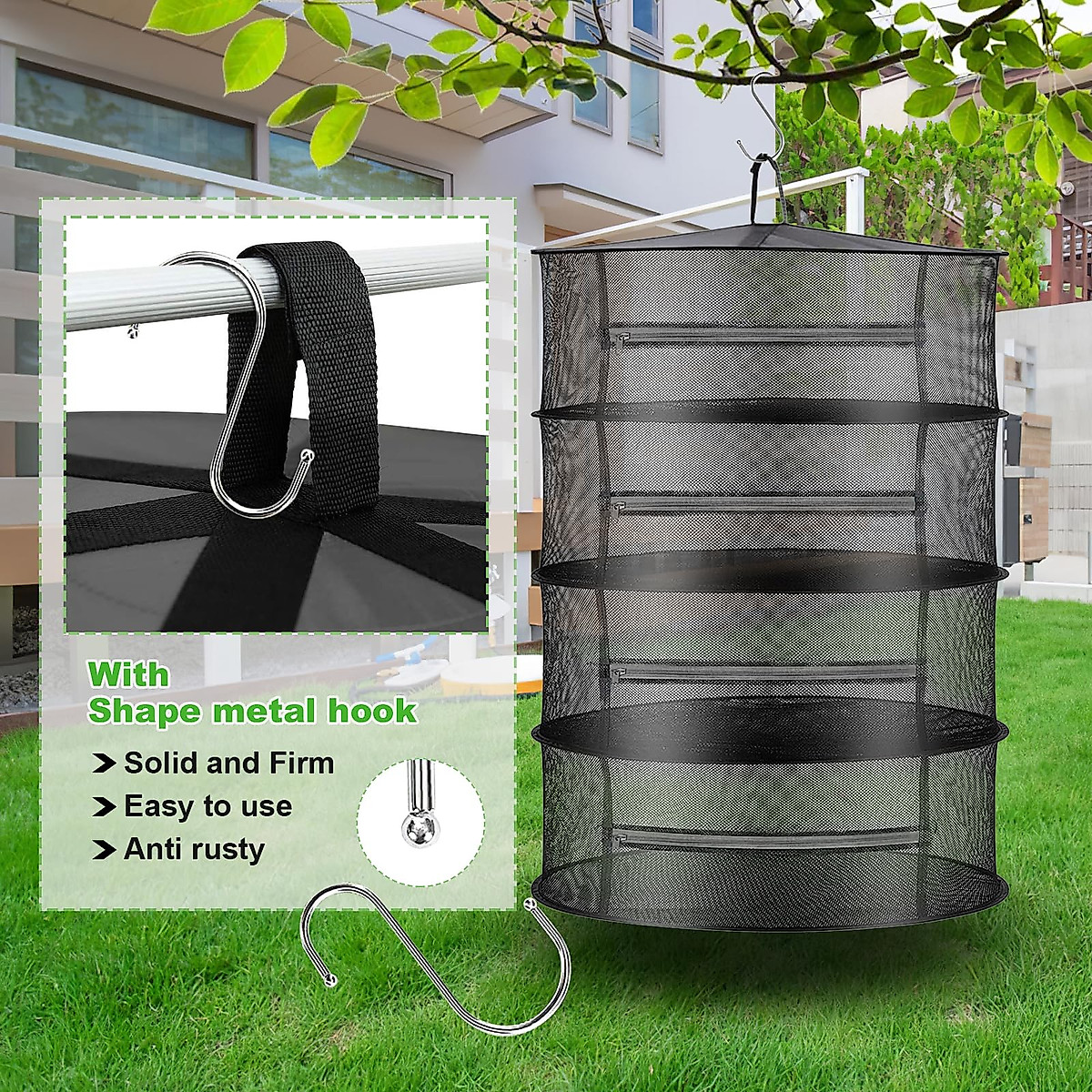 HYDGOOHO Herb Drying Rack Net Mesh with Black Zippers Hydroponics, Bonus Hook Scissor Drying Rack 2ft for Plant Bud Seed, Mesh Hanging Plant Dry, Herb Dry Net for Garden (4 L, Black Zipper)