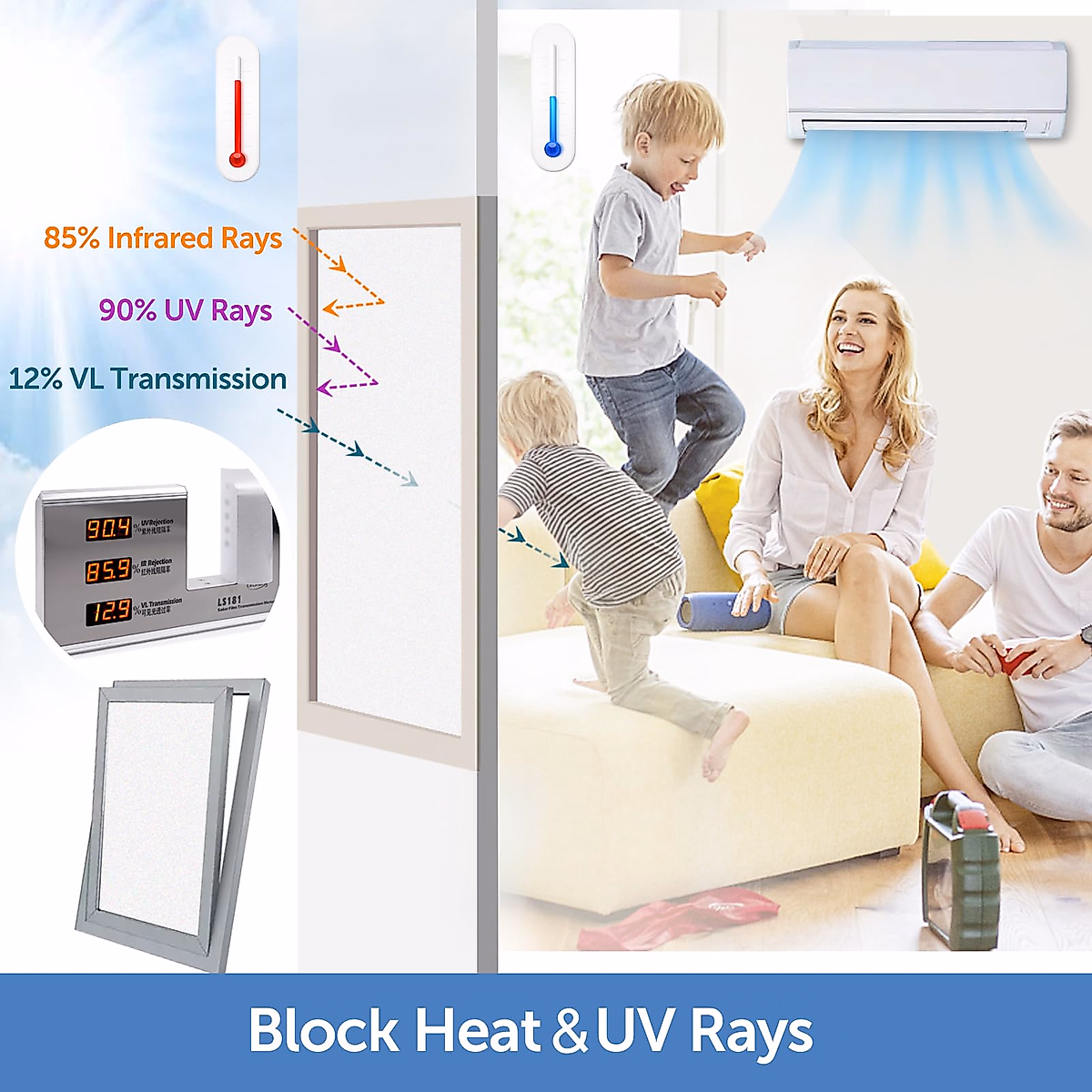 HIDBEA Frosted Window Privacy Film - Non Adhesive Static Cling Glass Stickers Sun UV Blocking Heat Control Door Covering Decals for Home Office, 17.5 x 78.7 Inch