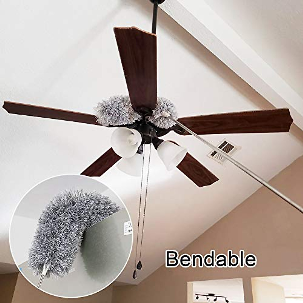 Uwilowe Microfiber Duster with Extension Pole 30 to 100"(Stainless Steel), with Bendable Head, Telescoping Extendable Long Dusters for Cleaning Ceiling Fan, Keyboard, Furniture, Cars