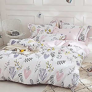 OTOB Soft Cartoon Floral Bedding Aesthetic Girls Duvet Cover Full Queen Pink Cotton Floral Comforter Cover for Toddler Women Kids Teen Bed Reversible Shabby Chic Flower Kawaii Bedding,No Comforter