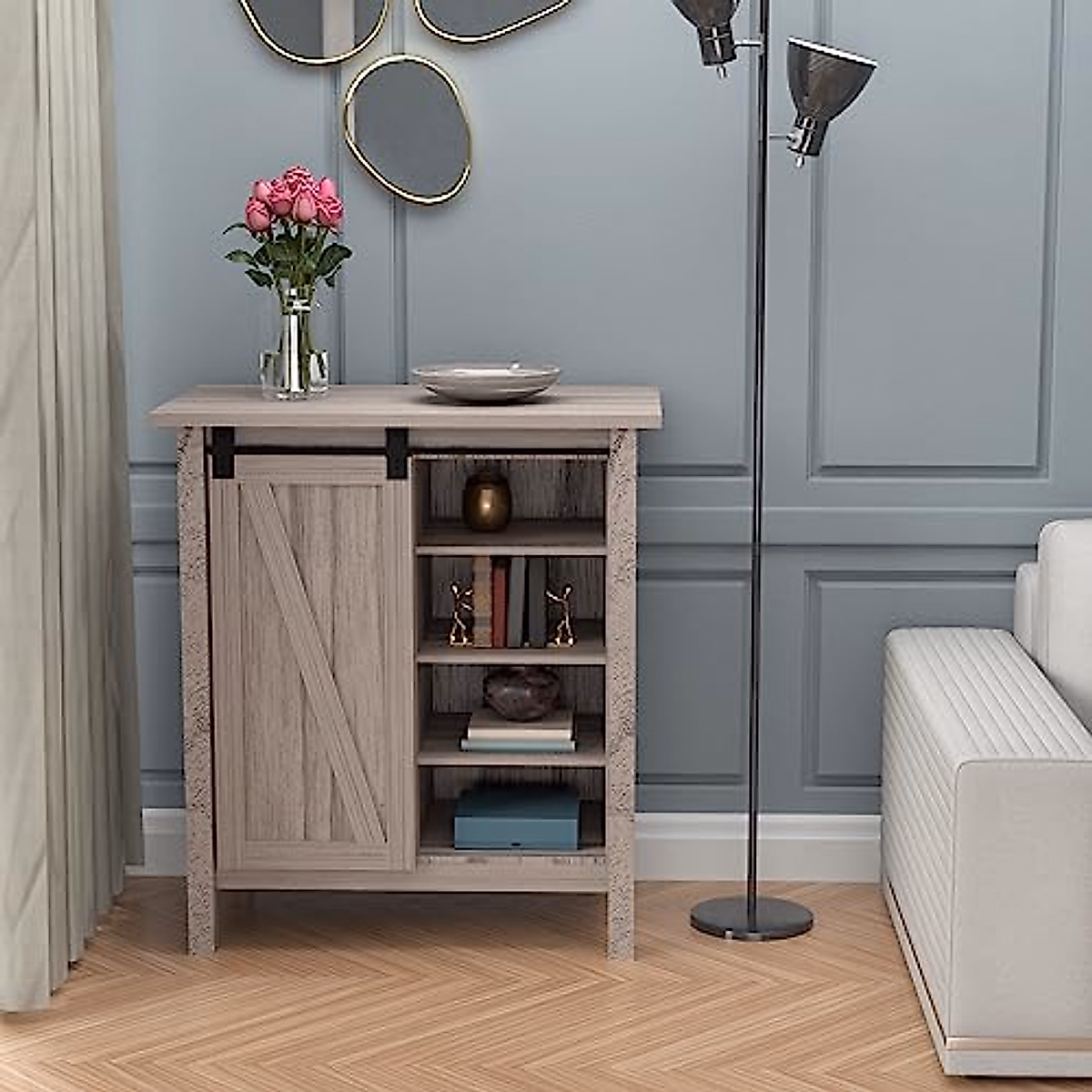 Landia Home Farmhouse Coffee Bar Cabinet with Sliding Barn Door, Accent Cabinet with 3 Tiers Shelves, Cabinet for Entryway, Living Room, Bathroom, and Kitchen, Grey