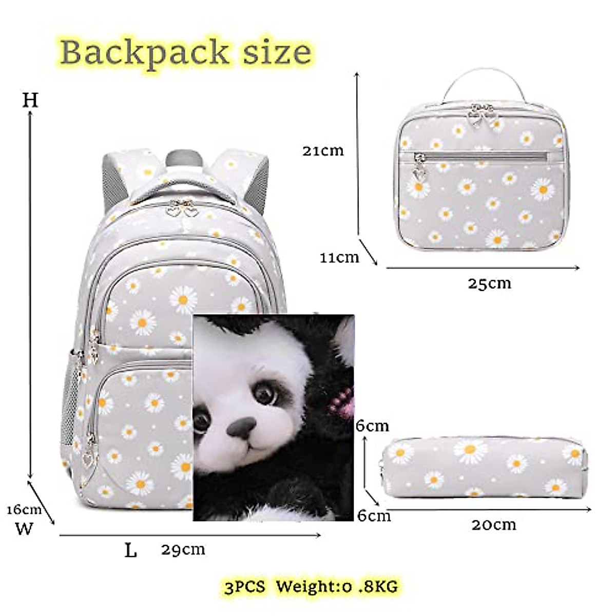 EKUIZAI 3Pcs Daisy Prints Backpack for Girls Bookbag set Primary School Daypack Elementary Students Knapsack with Lunch Box
