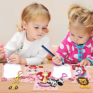 64 Valentines Day Cards with Animal Key Chains, Valentines Exchange Gifts Pendant Greeting Cards for Kids Teacher Prizes Activity Farmland Classroom Party Favors Decorations