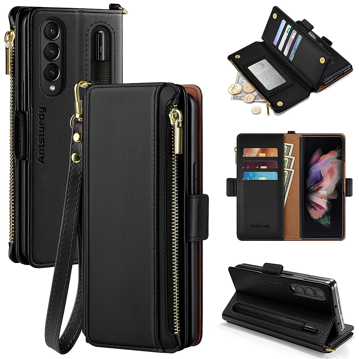 Antsturdy Compatible with Samsung Galaxy Z Fold 3 5G Case Wallet Women with【S Pen Holder】 Phone Case with Card Holder Strap PU Leather RFID Blocking Flip Folio Cover Credit Slots Men,Black