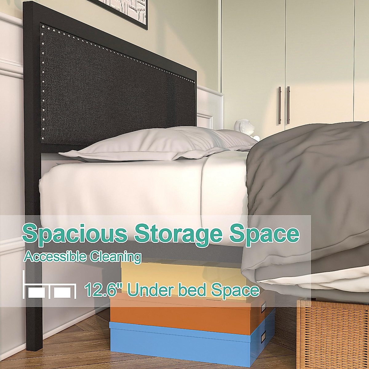 VECELO Queen Size Bed Frame with Linen Fabric Headboard and Footboard, Heavy-Duty Platform with Strong Steel Slats, No Box Spring Needed, Easy Assembly, Black