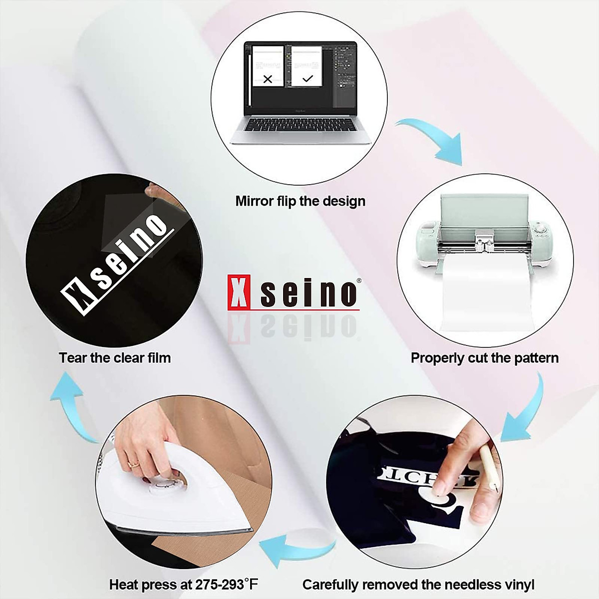 XSEINO Heat Transfer Vinyl Roll, 12" x 50FT HTV Vinyl Roll with Teflon for Shirts, White Iron for Cricut & Cameo, Easy to Cut for Heat Transfer Vinyl Design (White)