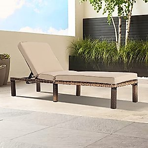 LETATA Patio Rattan Lounge Chair Outdoors with Adjustable Backrest Height, Sunbed Outdoor Wicker Chaise Longue with Removable Thickened Cushions for Poolside,Garden,Backyard,Lawn
