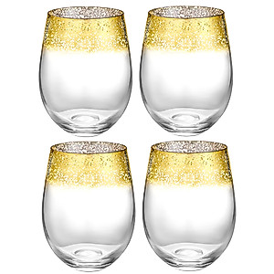 Kitchen Lux 18 oz Gold Rimmed Wine Glass - Unique Stemless Wine Glasses Set of 4 - Accented Rim - Large Gold Drinking Glass Cocktail Tumblers - Deluxe Glassware Gift Box for Christmas, Dishwasher Safe