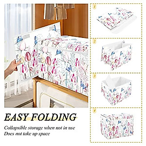 ALAZA Storage Bins with Lids,Pink Tulip Crocus Flowers Blue Butterflies Spring Style Fabric Storage Boxes Baskets Containers Organizers with for Toys,Clothes and Books