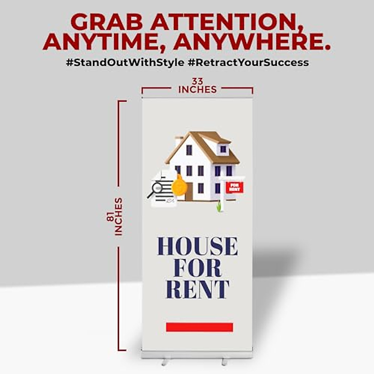 House For Rent Sign Retractable banner stand- 33x81 in backdrop adjustable stand banners and signs customize outdoor for Real Estate Business | Roll-up frame banner stand with Cover | Made in USA