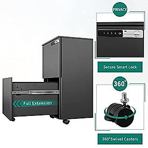 YITAHOME 2-Drawer Mobile File Cabinet with Smart Lock, Filing Cabinet Under Desk fits for Legal/Letter, Pre-Assembled Vertical Metal File Cabinet Except Wheels Under Desk - Black