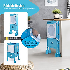 Costzon Kids Kitchen Step Stool with Safety Rail, Folding Wooden Step Helper w/Adjustable Height, Blackboard, Protective Netting, Stable Fixed Feet, Countertop Standing Tower for Toddlers(White)