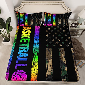 Basketball Boys Bedding Set Twin Size,Ball Sports Games Rainbow Stripes Fitted Sheet for Kids Boys Bedroom,Green Camo Stars American Flag Microfiber Soft Bed Cover,1 Pillow Case