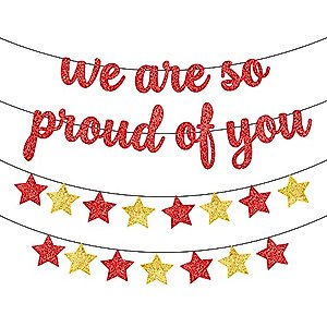 We Are So Proud Of You Banner, Glitter - Big 10 Feet with Star Garland | Graduation Banner for Red and Gold Graduation Party Decorations | Congratulations Decorations | Red Graduation Decorations 2023