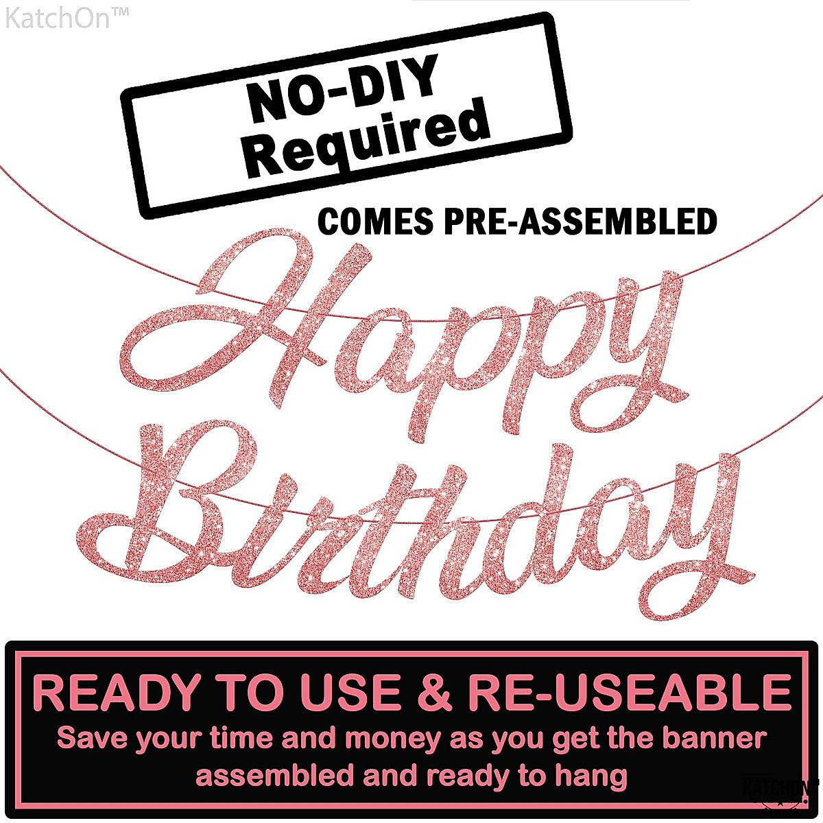 KatchOn, Glitter Rose Gold Happy Birthday Banner - Pre-Strung No DIY, 10 Feet | Happy Birthday Sign | Rose Gold Birthday Decorations | Rose Gold Birthday Banner for Women | Happy Birthday Decorations