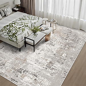 Washable 9x12 Area Rugs - Neutral Large Rugs for Living Room Abstract Soft Faux Wool Carpet for Bedroom Non Slip Stain Resistant Dining Room Rug Beige/Grey/Brown