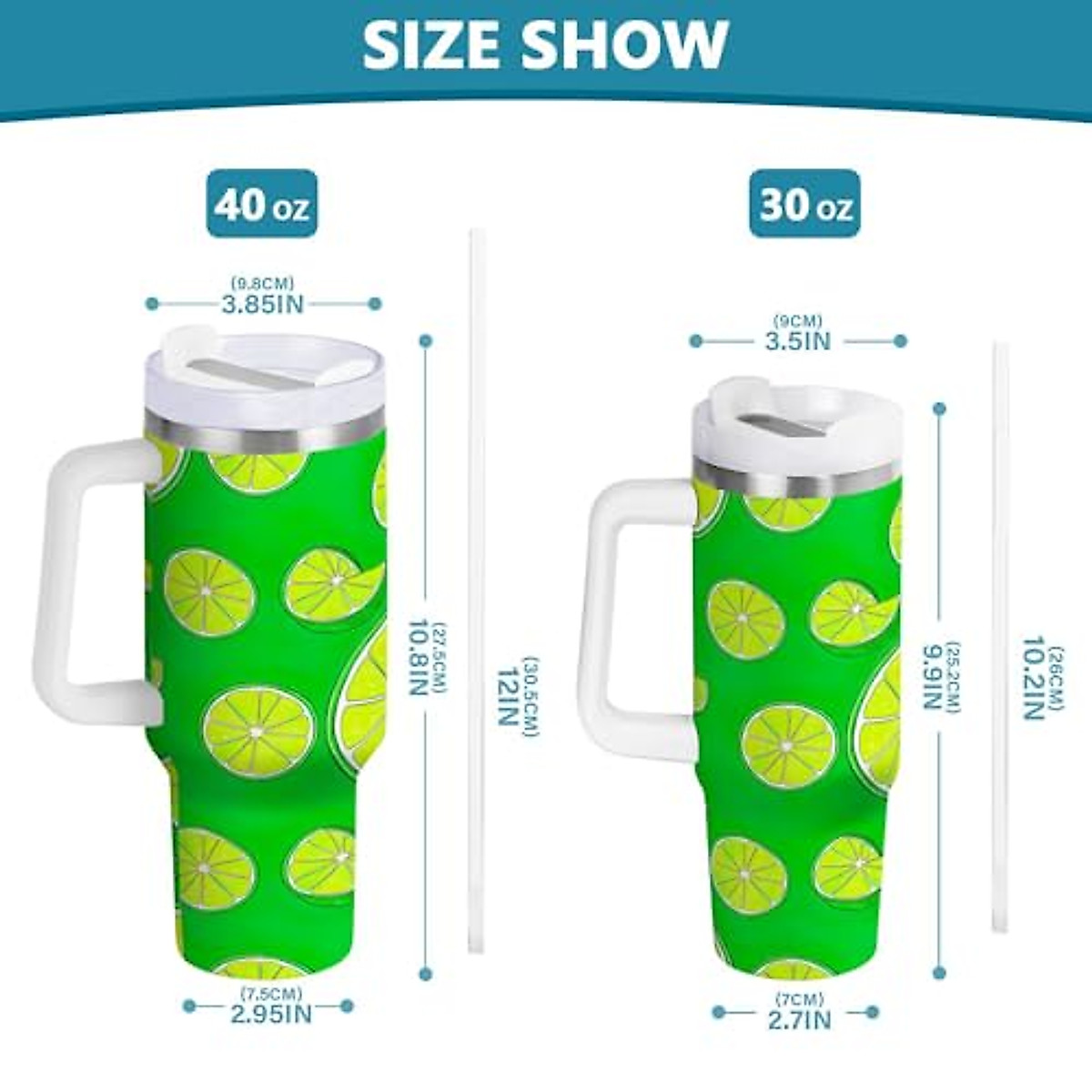 RPLIFE Sliced Limes Fun Green 40oz Tumbler with Handle, 30oz Tumbler, Coffee Tumbler