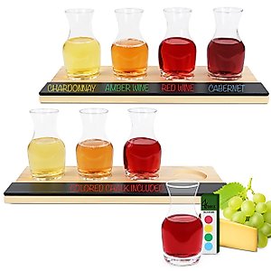 G Francis Wine Tasting Kit 2 Pack - 4 Slot Sample Drink Flight Boards with Glasses For Wine, Beer, Whiskey, Coffee, Margaritas, Cocktails - Wooden Chalkboard Holder Beverage Tasting Kit for Home