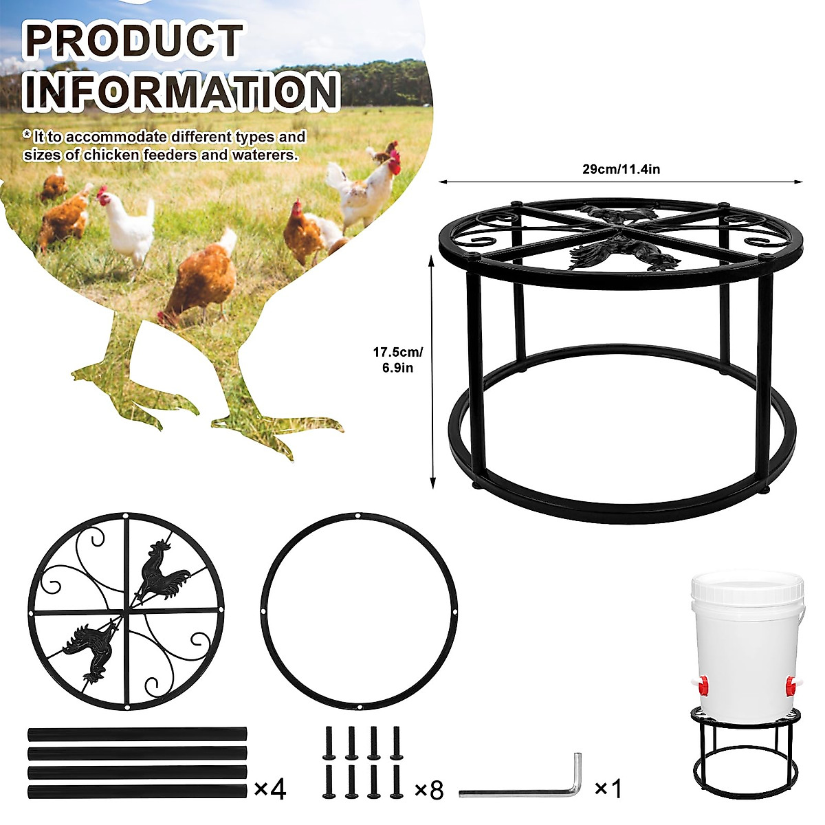 2-Pack Metal Stand for Chicken Feeder Waterer, Heavy Duty Round Iron Supports Rack for Buckets Barrels Equipped Installed with Feeder Waterer Port, for Coop Poultry Indoor Outdoor, Black