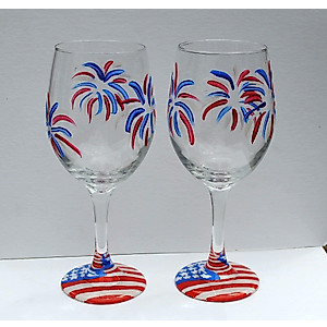 Fireworks USA American Flag Hand Painted Stemmed Wine Glasses Set of 2
