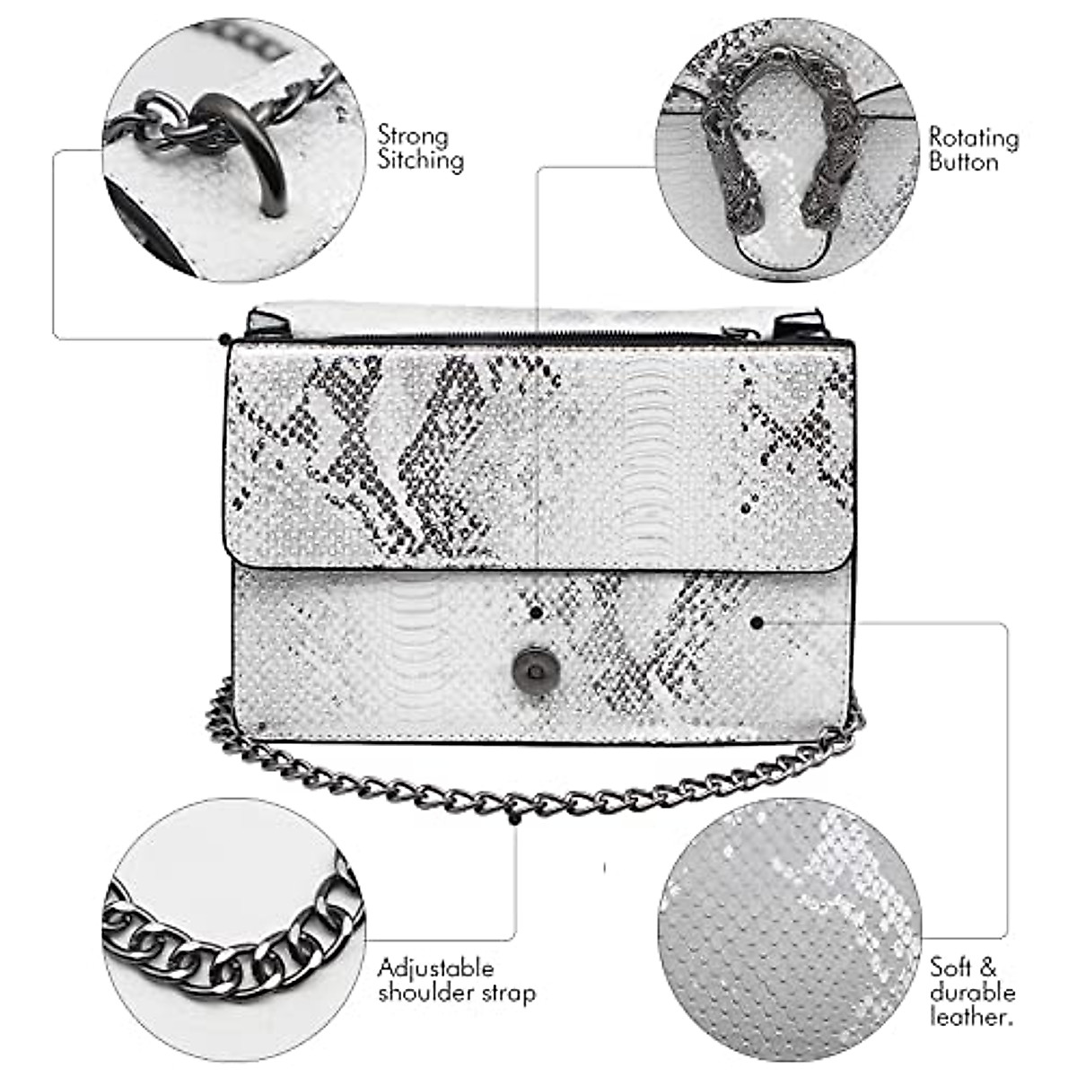 Crossbody Shoulder Square Purse For Women - Fashion Embossed Snake, Small Quilted Crossbody Bags for Women Snake Printed purses for women Large capacity shoulder bag designer handbags, White