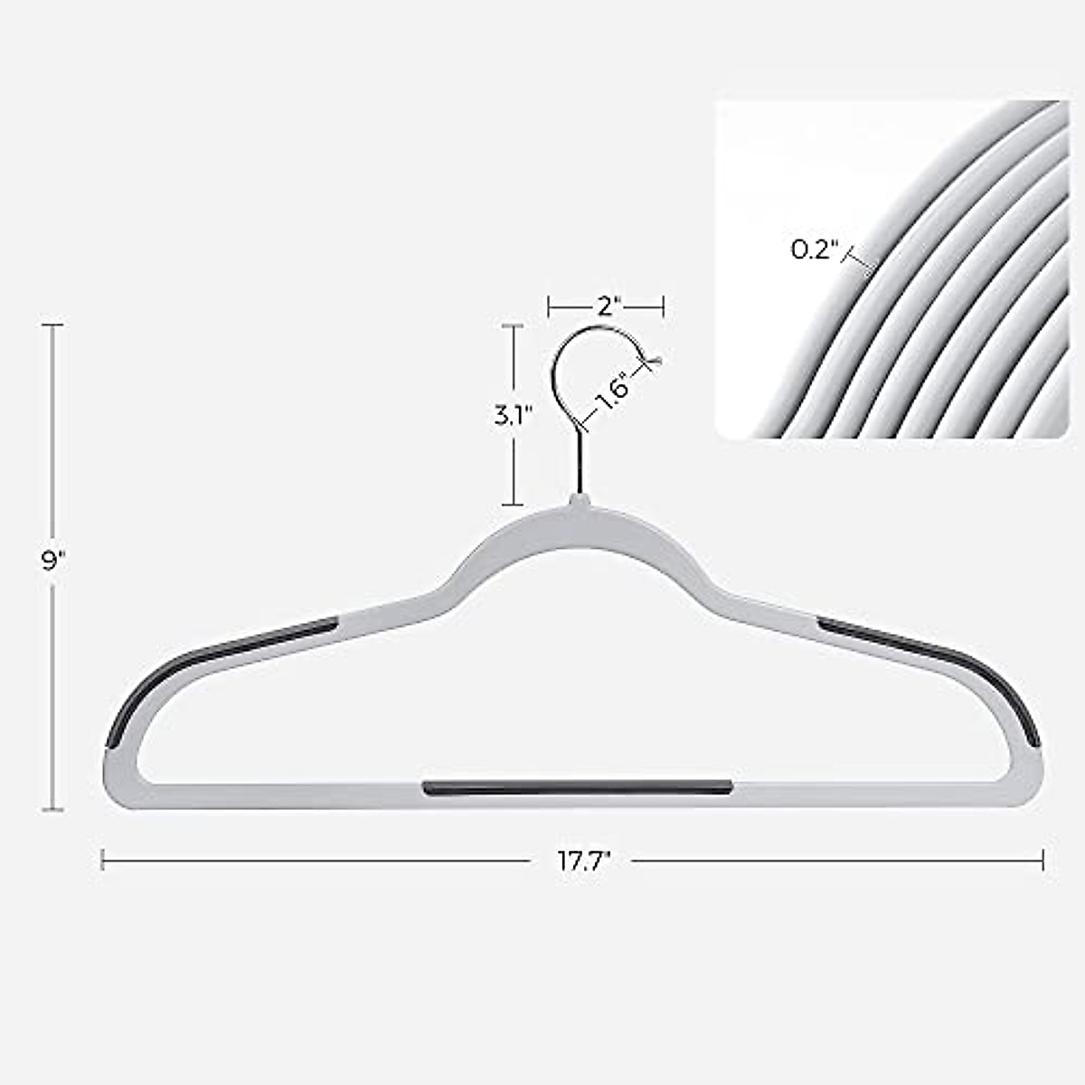 SONGMICS Clothes Hangers, Pack of 50 Plastic Coat Hangers, Non-Slip, Space-Saving, 0.2 Inches Thick, 17.7 Inches Long, 360° Swivel Hook, Light Gray and Dark Gray UCRF50G