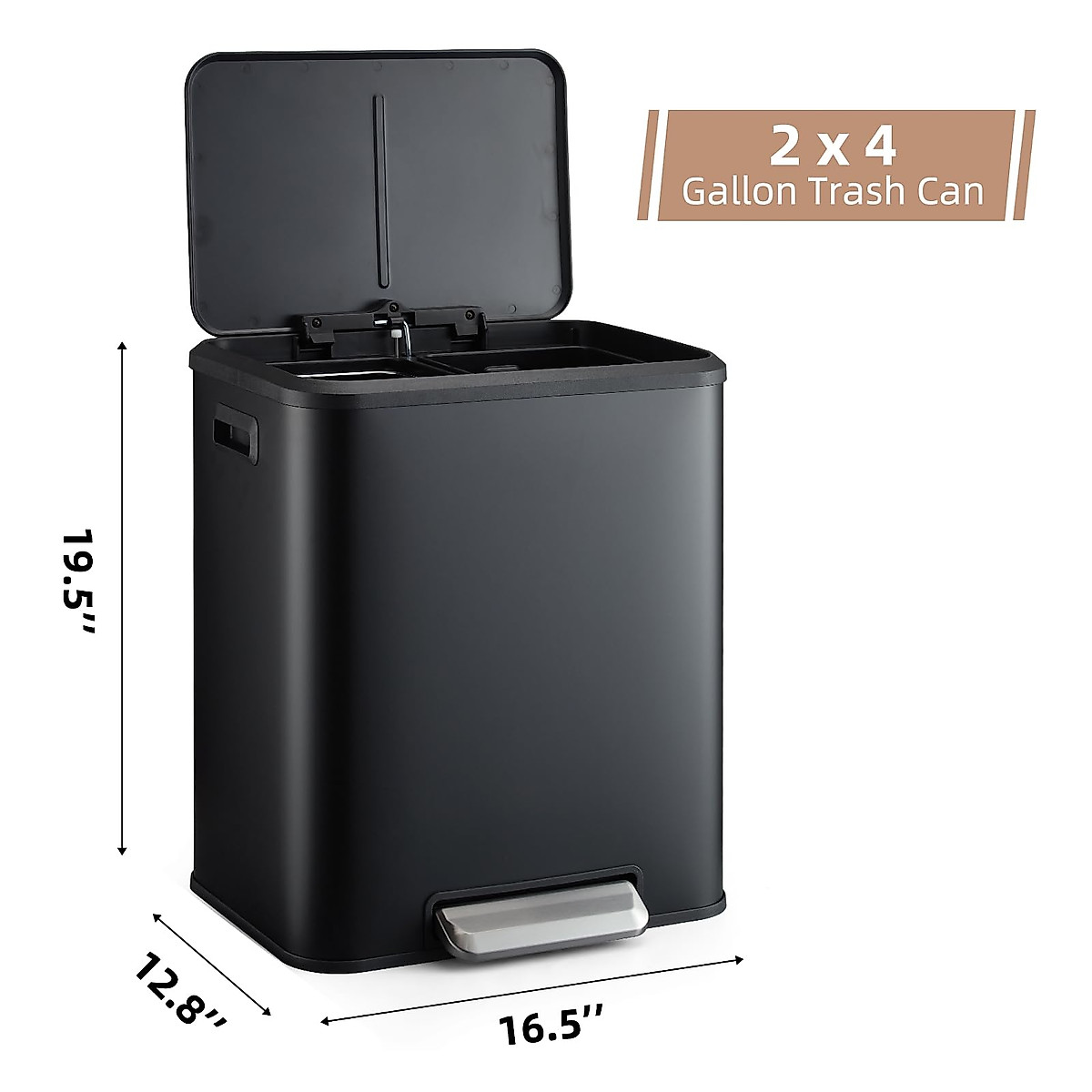 WELYFE 30 L/8 Gallon Trash Can, Rectangular Dual Compartment Recycling Step Bin, Stainless Steel Kitchen Trash Can, Removable Inner Box, Suitable for Kitchen, Office - Black