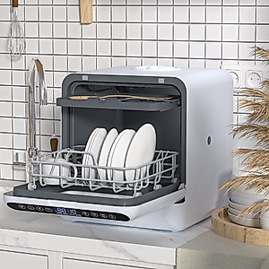 ymtiolze Portable Dishwasher Countertop with 5L Built-in Water Tank, No Hookup Needed, 6 Programs,360° Dual Spray,High-Temp& Air-Dry Function,Mini Dishwasher for RVs White