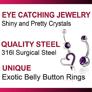 bodyjewellery 2Pcs 14g 3/8 Inch 10mm Heart Crystal Belly Button Rings Dangle Sexy Surgical Steel Cute Navel Piercing Jewelry Amethyst