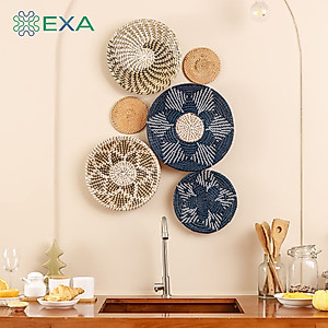 EXA Set of 6 Hanging Woven Wall Basket Decor Peony Rustic Round Decorative Large Wall Decor - Handmade Seagrass Baskets - Rattan Wall Art, Flat Wicker Woven Basket Wall Decors for Boho