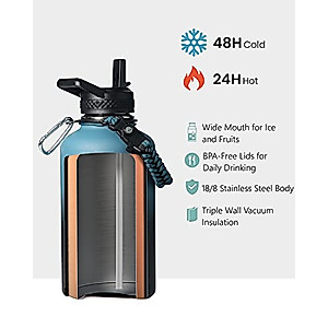 Coolplus 64 oz Insulated Water Bottle with Paracord Handle & 3 Lid, Half Gallon Water Bottle Food-grade Vacuum Large Water Jug Flask, Keep 24H Hot 48H Cold, Leak Proof & BPA-Free,