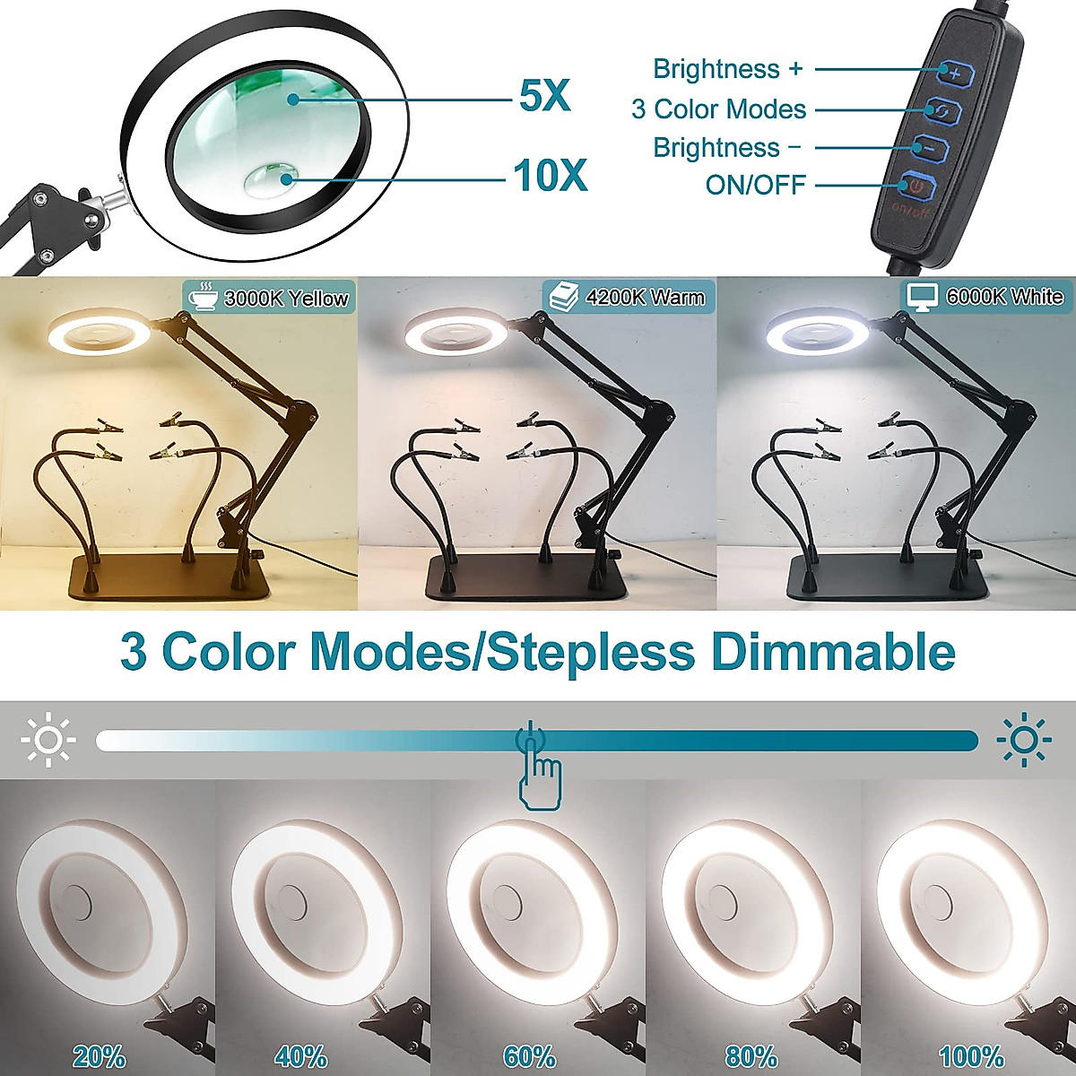 5X & 10X Magnifying Glass with Light and Stand, NAKOOS 2-in-1 Magnifying Lamp, 3 Color Modes Stepless Dimmable Lighted Magnifier with Large Base & Clamp for Craft Soldering Painting Hobby Close Work