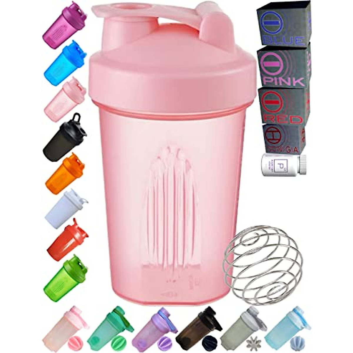 EBAT Shaker Bottle in Cute Pink (Lid & Body) w. Classic Loop Hook,Measurement Marks of 12 OZ/400 ML & A Small Stainless Whisk Blender Ball,Anti-Slip,BPA Free,PP5 Certified,Leak Proof,Dishwasher Safe