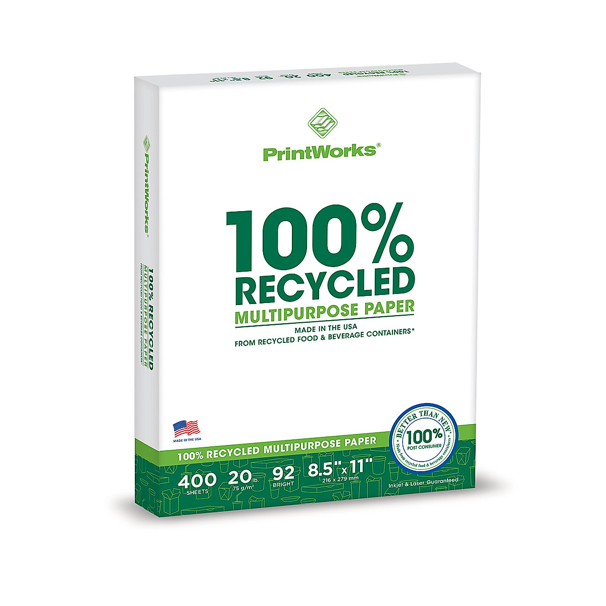 Printworks 100 Percent Recycled Multipurpose Paper, 20 Pound, 92 Bright, 8.5 x 11 Inches, 400 sheets (00018), White