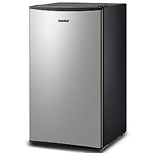 COMFEE' CRM33S3AST Cubic Feet Compact Singel Door Mini Fridge for Bedroom Office Garage Studio Dorm with 3 Removal Glass Shelves Stainless Steel Refrigerator, 3.3 Cuft, Silver