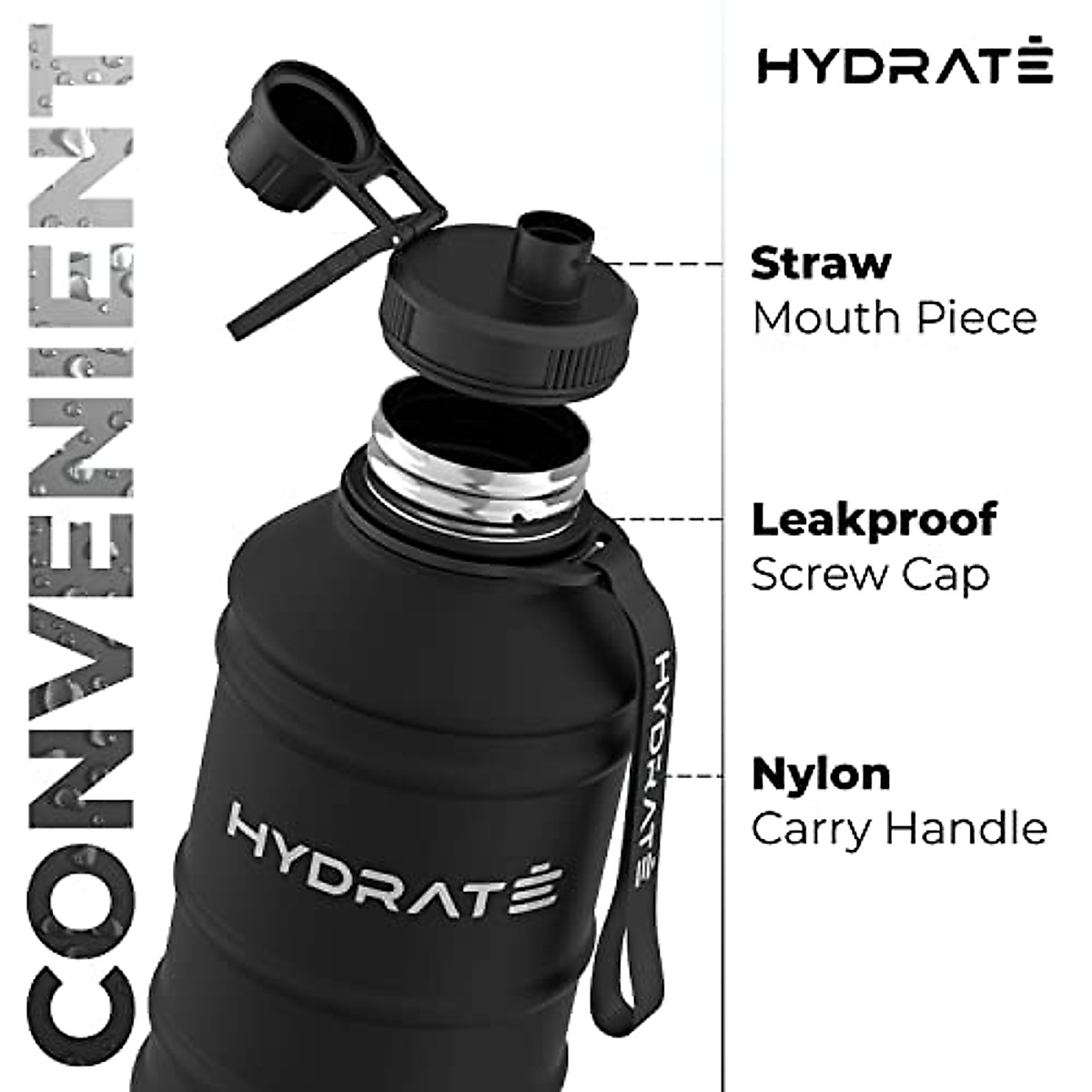 HYDRATE 74 Oz Stainless Steel Water Bottle - BPA Free Metal Water Bottle for Gym, Exercise - Water Jug with Convenient Nylon Carrying Strap and Leak-Proof Screw Cap Water Bottles for Men, Women, Adult