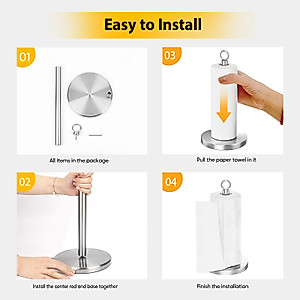 Coopvivi Paper Towel Holder Stainless Steel - One Hand Tear Paper Towel Dispenser Standing Weighted Base Non Slip, Stainless Steel Paper Towel Fits in Kitchen (Silver)