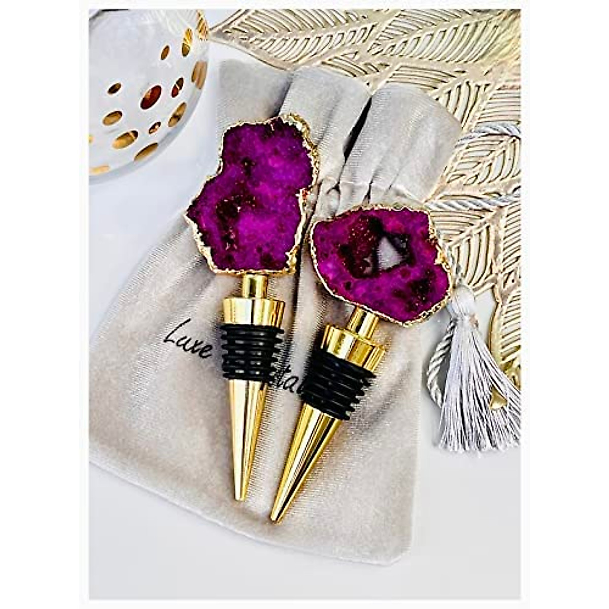 LUXE CRYSTAL CO. Handcrafted Purple Magenta Pink Agate Druzy Gold Natural Crystal Wine Champagne Stopper Handmade Bottle Barware Housewarming Bridal Shower (Pink)